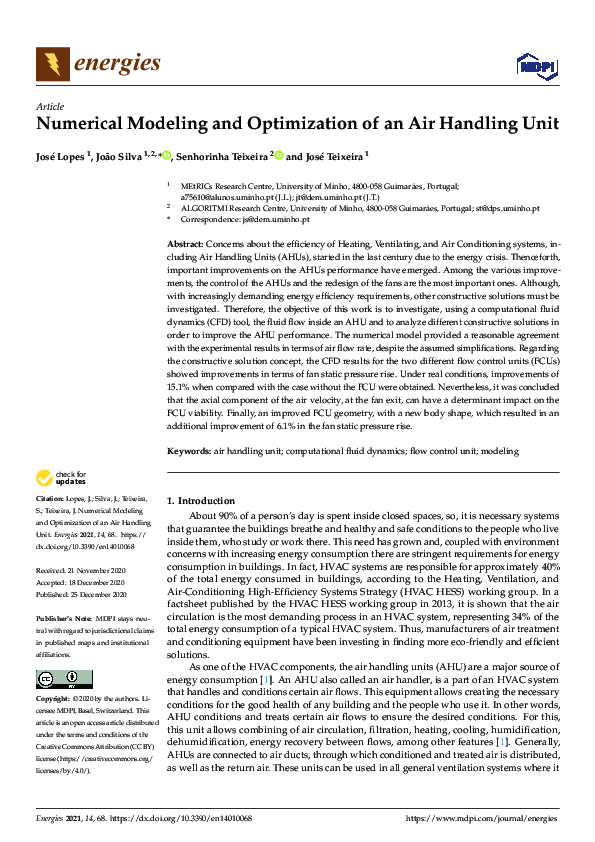 (PDF) Numerical Modeling and Optimization of an Air Handling Unit