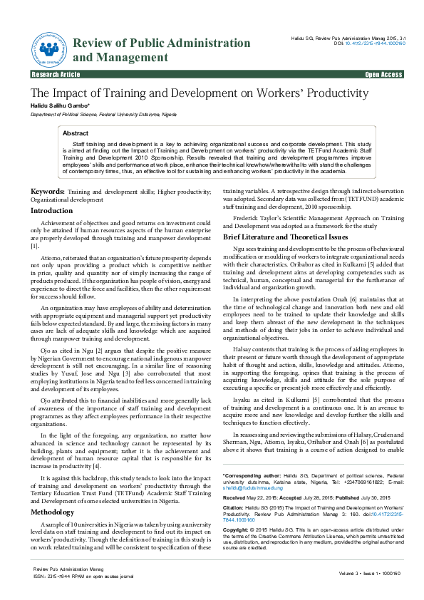 (PDF) The Impact of Training and Development on Workers Performance in ...