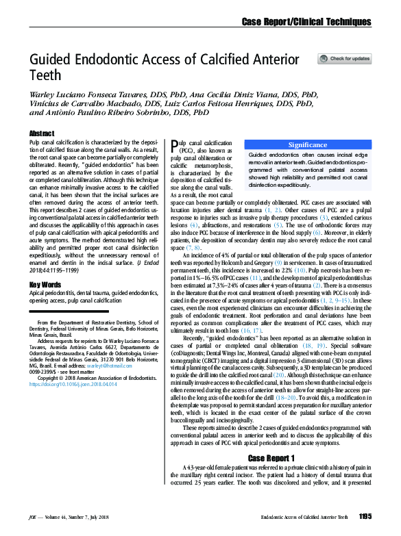 (PDF) Guided Endodontic Access of Calcified Anterior Teeth
