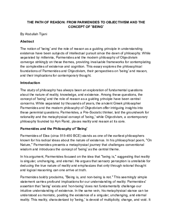 (PDF) THE PATH OF REASON: FROM PARMENIDES TO OBJECTIVISM AND THE ...