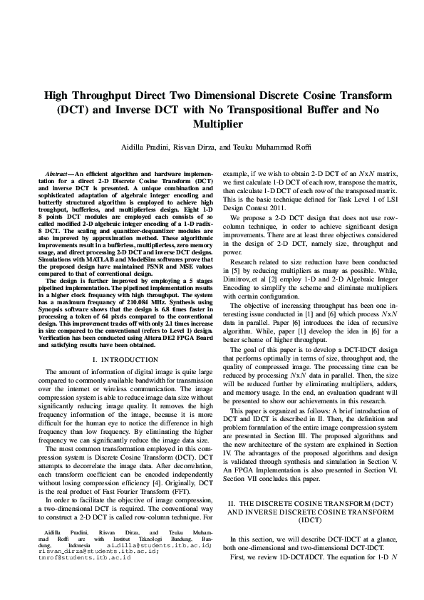 (PDF) High Throughput Direct Two Dimensional Discrete Cosine Transform ( DCT ) and Inverse DCT ...