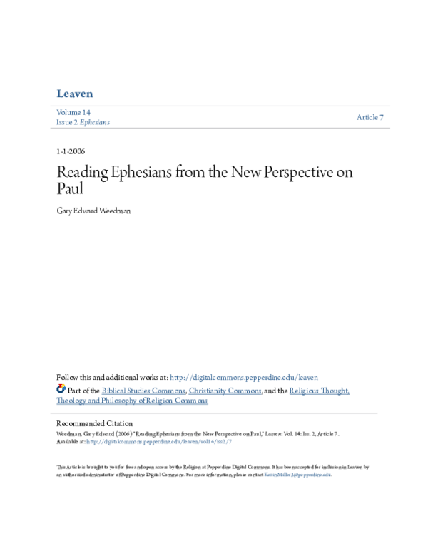 (PDF) Reading Ephesians from the New Perspective on Paul | Gary Weedman - Academia.edu