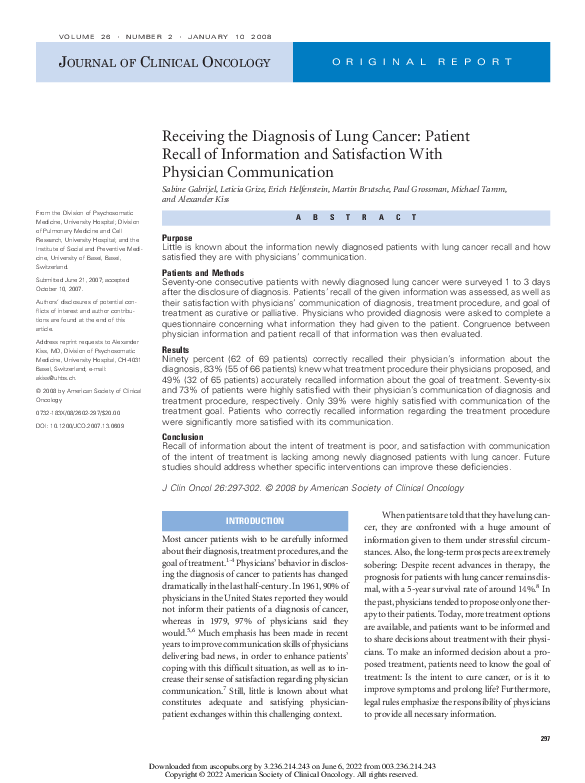 (PDF) Receiving the Diagnosis of Lung Cancer: Patient Recall of ...