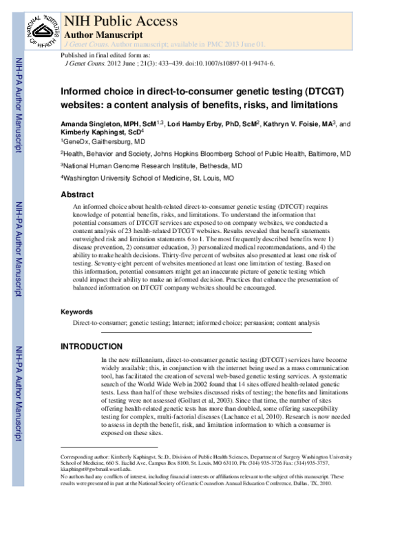 (PDF) Informed Choice in Direct-to-Consumer Genetic Testing (DTCGT ...