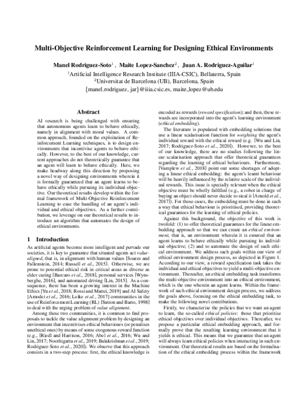 (PDF) Multi-Objective Reinforcement Learning for Designing Ethical Environments