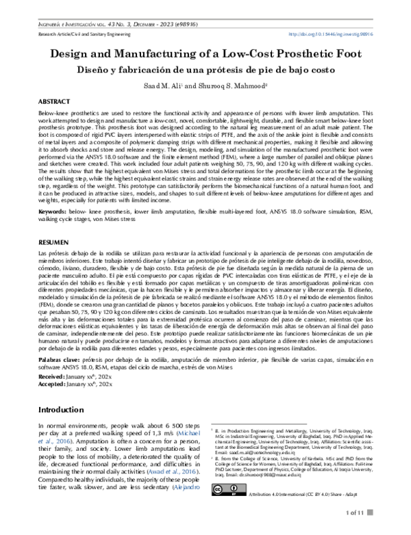 (PDF) Design and Manufacturing of a Low-Cost Prosthetic Foot Diseño y ...