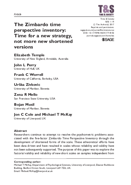 Pdf The Zimbardo Time Perspective Inventory Time For A New Strategy