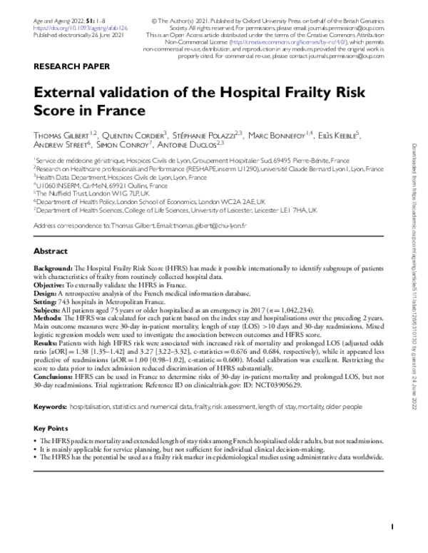 (PDF) External validation of the Hospital Frailty Risk Score in France ...