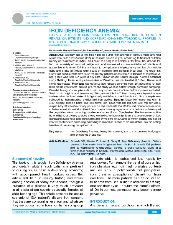 (PDF) Iron Deficiency Anemia; Dietary Pattern of Iron Intake from ...