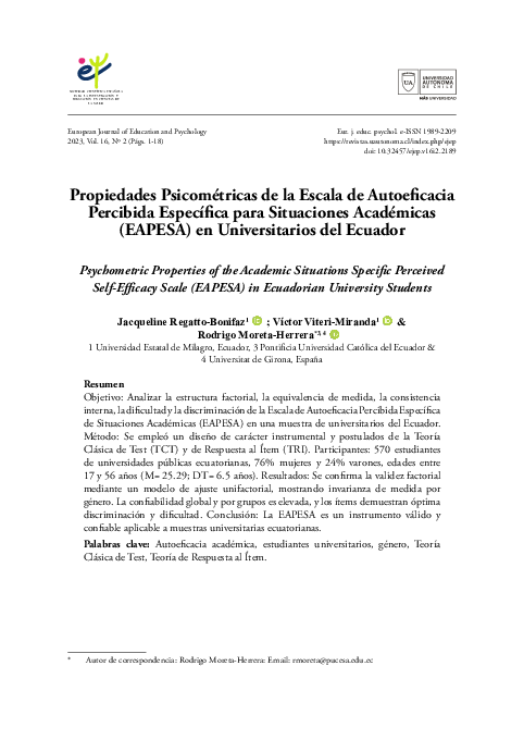 (PDF) Propiedades Psicometricas de la Escala de Autoeficacia Percibida Específica para ...