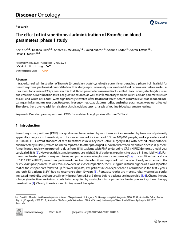 (PDF) The effect of intraperitoneal administration of BromAc on blood parameters: phase 1 study ...