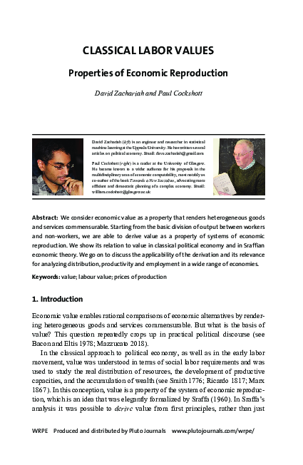 (PDF) Classical Labor Values: Properties of Economic Reproduction