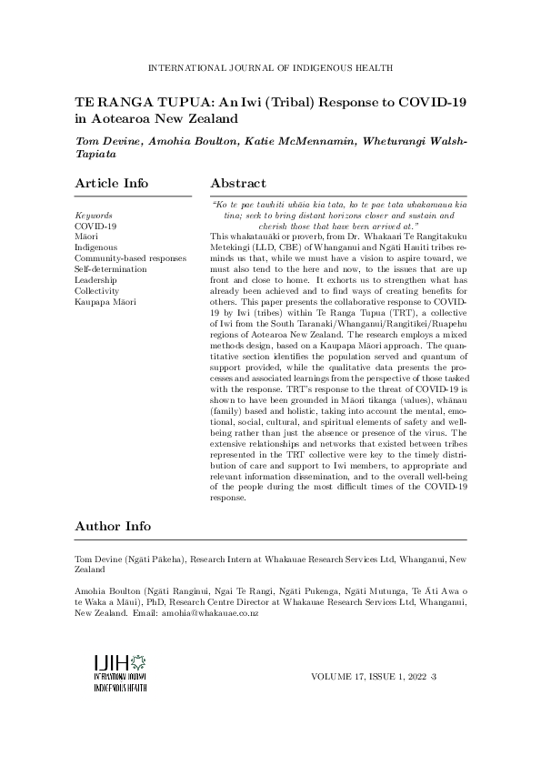 (PDF) The TE RANGA TUPUA COVID-19 RESPONSE: the strength of Māori ...