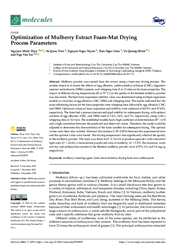 Pdf Optimization Of Mulberry Extract Foam Mat Drying Process Parameters