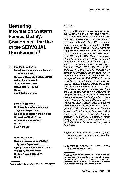 (PDF) Measuring Information Systems Service Quality: Concerns on the ...