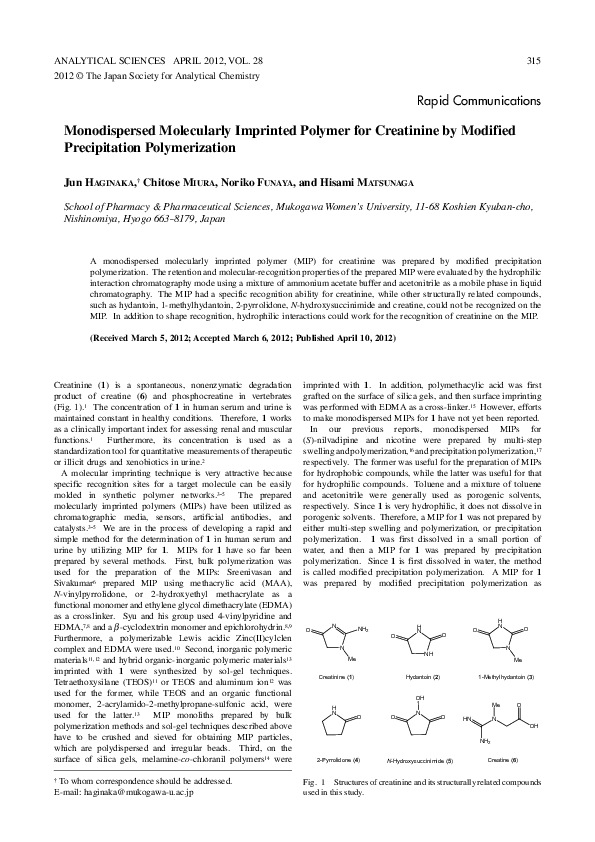 (PDF) Monodispersed Molecularly Imprinted Polymer for Creatinine by Modified Precipitation ...
