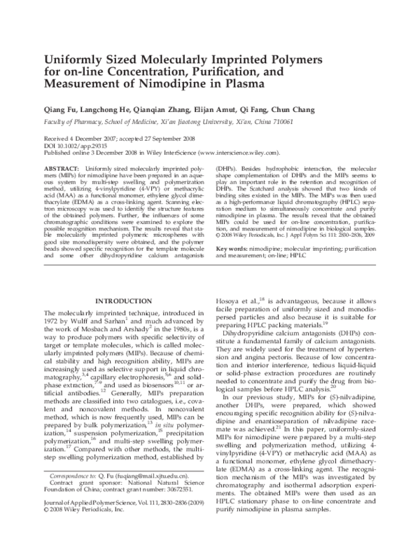 (PDF) Uniformly-sized, molecularly imprinted polymers for nicotine by precipitation ...