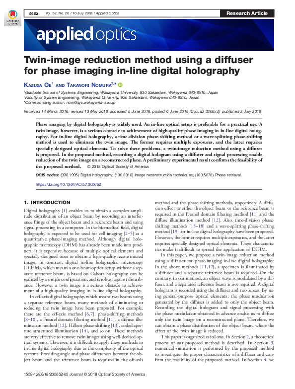 Pdf Twin Image Reduction Method Using A Diffuser For Phase Imaging In Line Digital Holography