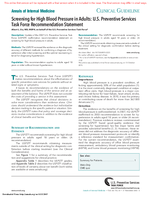 (PDF) Screening for High Blood Pressure in Adults: U.S. Preventive ...