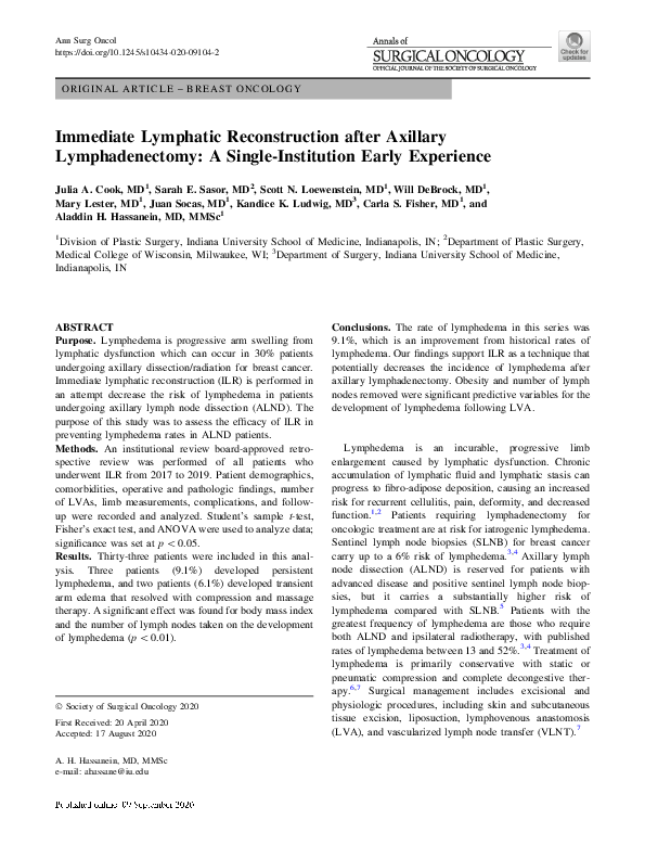 (PDF) Immediate Lymphatic Reconstruction After Axillary Lymphadenectomy ...