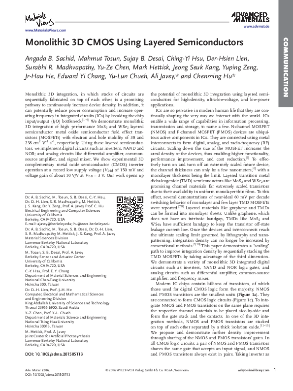 (PDF) Monolithic 3D CMOS Using Layered Semiconductors