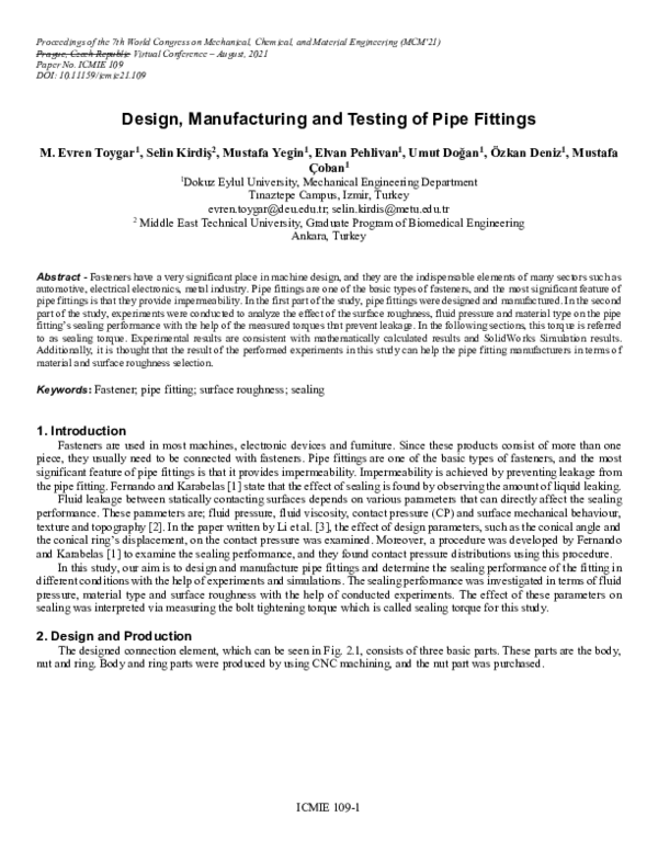 (PDF) Design, Manufacturing and Testing of Pipe Fittings