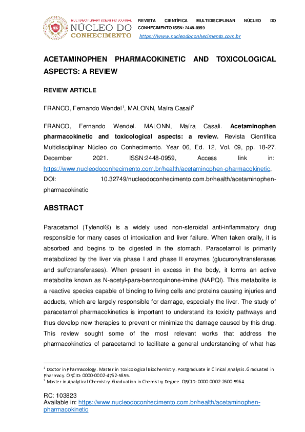 (PDF) Acetaminophen pharmacokinetic and toxicological aspects: a review
