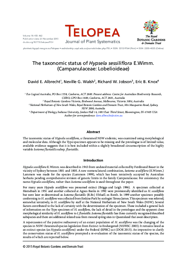 (PDF) The taxonomic status of Hypsela sessiliflora E.Wimm. (Campanulaceae)