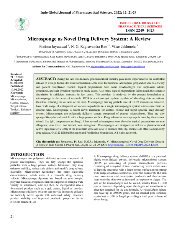 (PDF) Microsponge as Novel Drug Delivery System: A Review