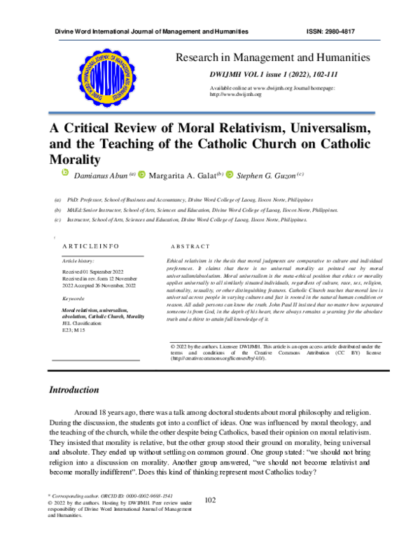 (PDF) A Critical Review of Moral Relativism, Universalism, and the Teaching of the Catholic ...