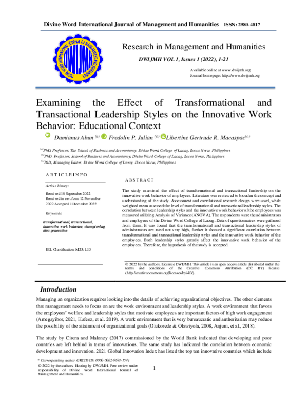 (PDF) Examining the Effect of Transformational and Transactional Leadership Styles on the ...