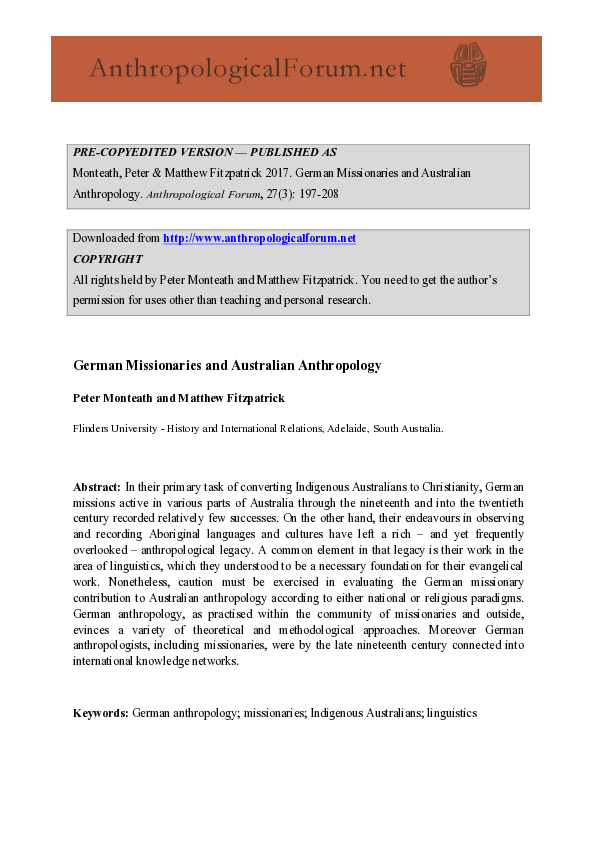 (PDF) German Missionaries and Australian Anthropology | Peter Monteath ...