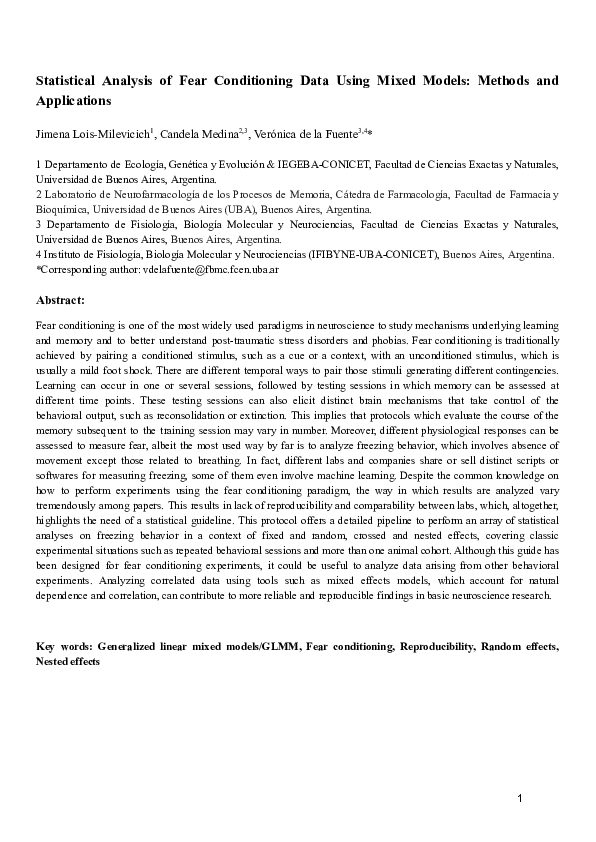 (PDF) Statistical Analysis of Fear Conditioning Data Using Mixed Models ...