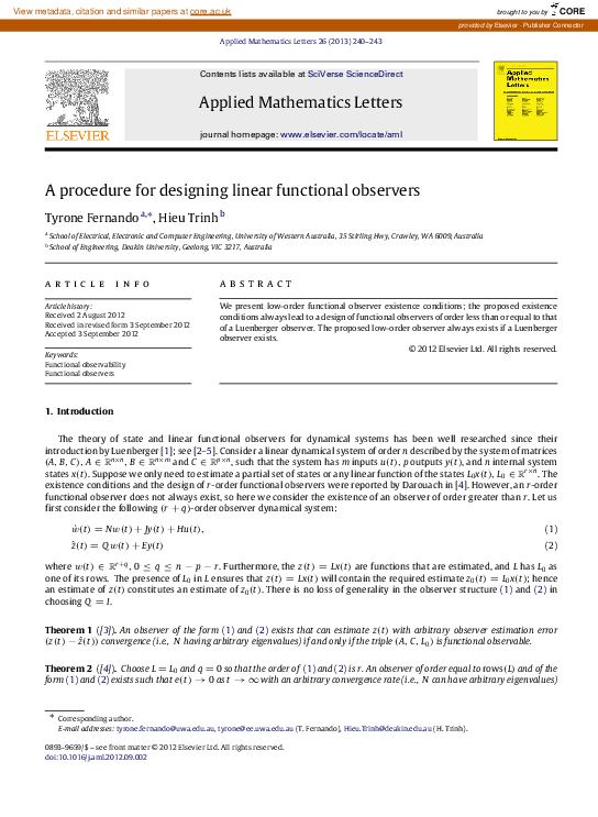 Pdf A Procedure For Designing Linear Functional Observers 