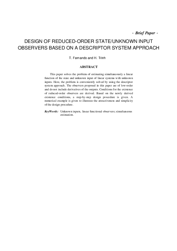 Pdf Design Of Reduced Order State Unknown Input Observers Based On A Descriptor System