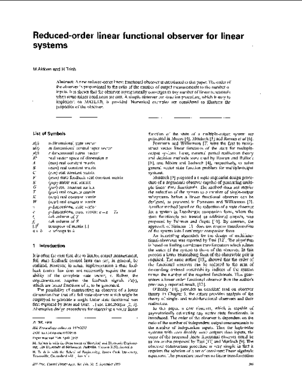 (PDF) Reduced-order linear functional observer for linear systems