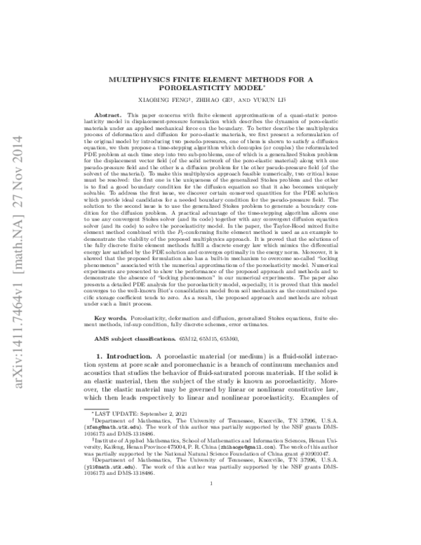 Pdf Multiphysics Finite Element Methods For A Poroelasticity Model