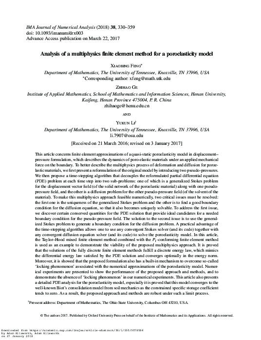 (PDF) Analysis of a multiphysics finite element method for a poroelasticity model