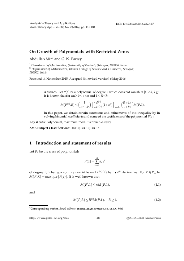 (PDF) On Growth of Polynomials with Restricted Zeros | Dr Mohammad Abdulla Mir - Academia.edu