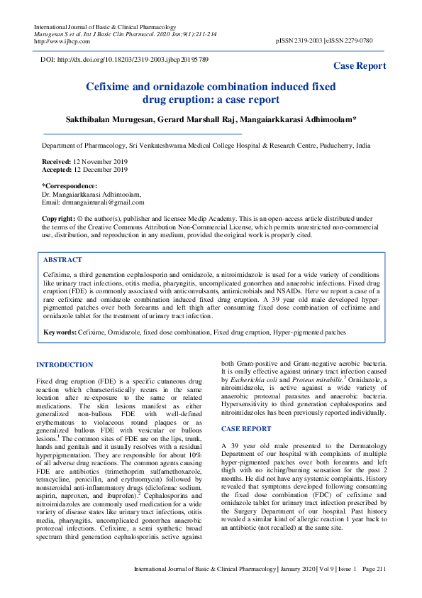 (PDF) Cefixime and ornidazole combination induced fixed drug eruption: a case report ...