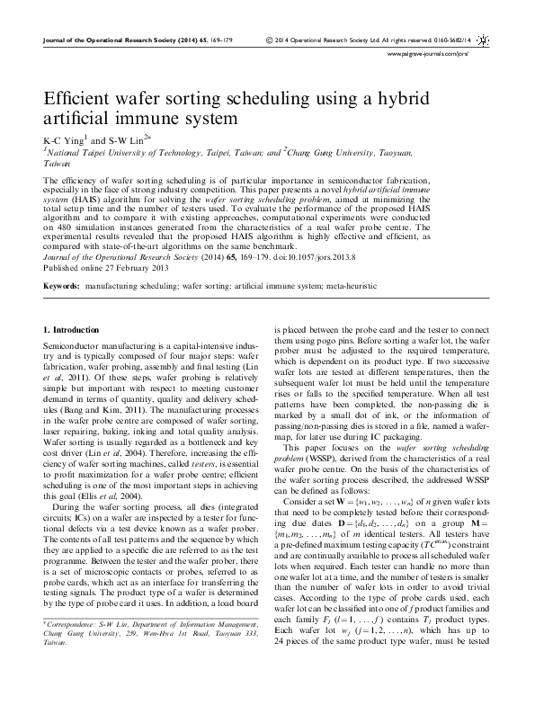 Pdf Efficient Wafer Sorting Scheduling Using A Hybrid Artificial