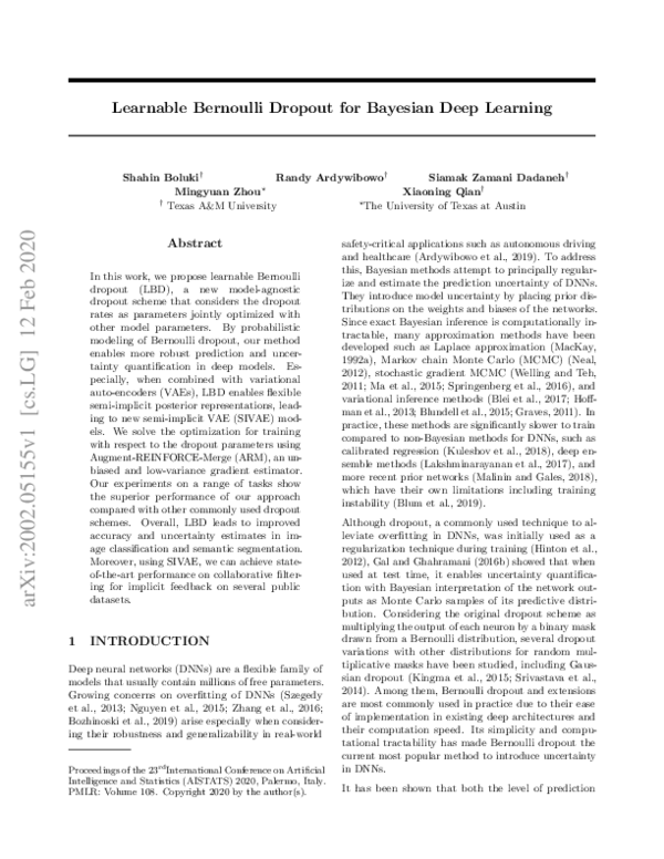 (PDF) Learnable Bernoulli Dropout for Bayesian Deep Learning | Randy Ardywibowo - Academia.edu