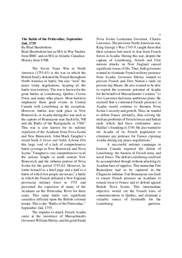 (PDF) The Battle of the Petitcodiac, September 2, 1755