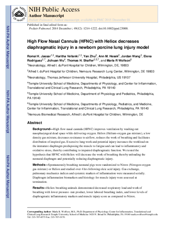 (PDF) High flow nasal cannula (HFNC) with Heliox decreases ...