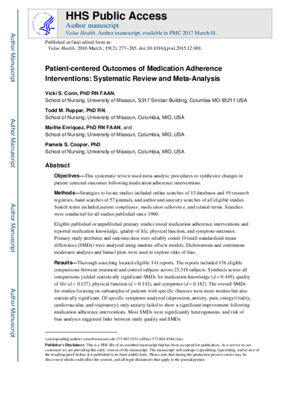 (PDF) Patient-Centered Outcomes of Medication Adherence Interventions: Systematic Review and ...