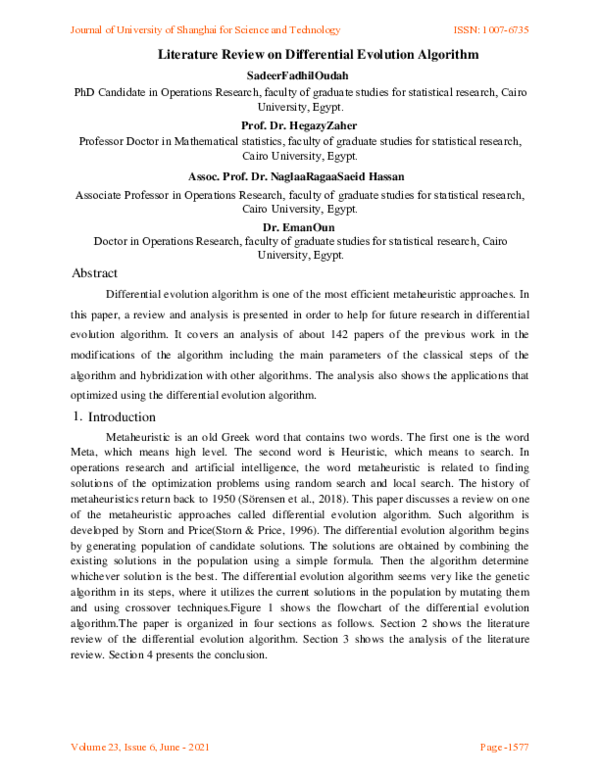 Literature Review on Differential Evolution Algorithm