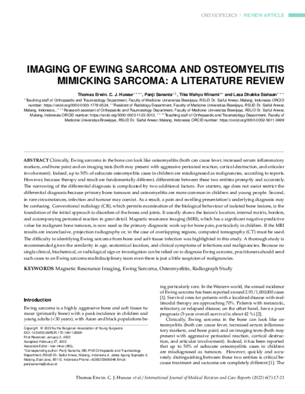 Pdf Imaging Of Ewing Sarcoma And Osteomyelitis Mimicking Sarcoma A Literature Review