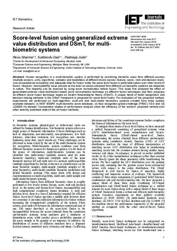 Pdf Score‐level Fusion Using Generalized Extreme Value Distribution And Dsmt For Multi