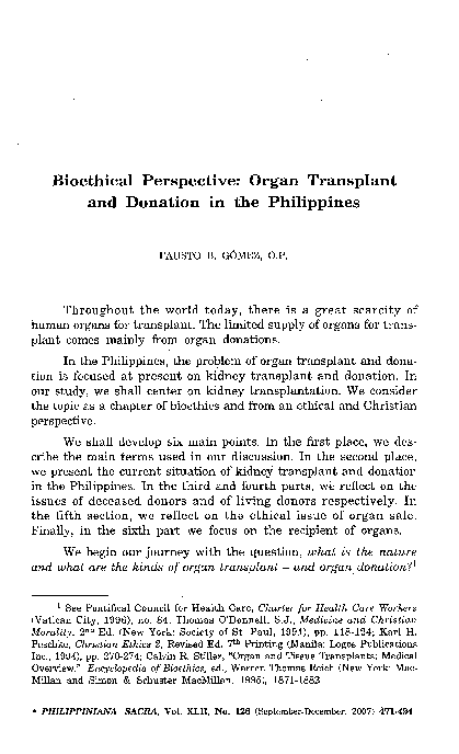 (PDF) Bioethical Perspective: Organ Transplant and Donation in the Philippines