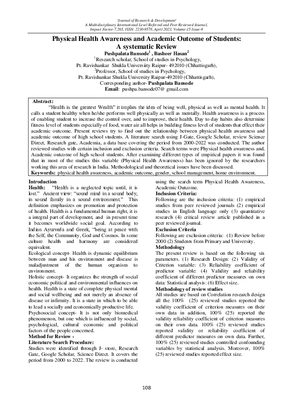 (PDF) Physical Health Awareness and Academic Outcome of Students: A ...
